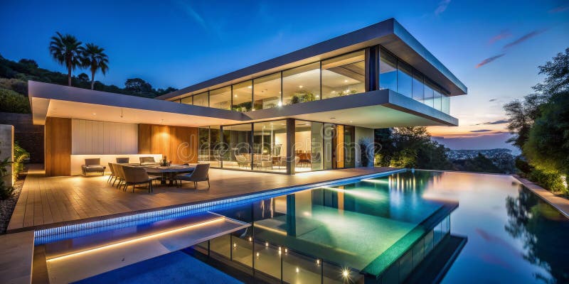 Elevated Dusk View Modern Villa, Infinity Pool, Hillside Sunset Stock ...