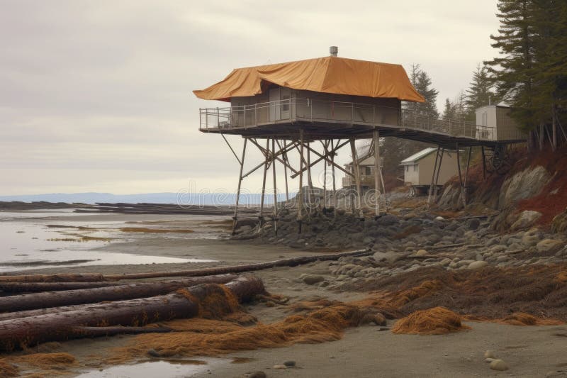 Elevated Evacuation Shelter Amidst a Coastal Area Stock Illustration ...