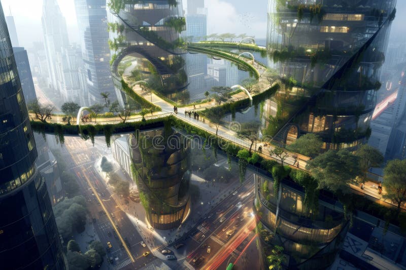 Elevated Green Walkways Intertwined among Urban Skyscrapers Stock Photo ...