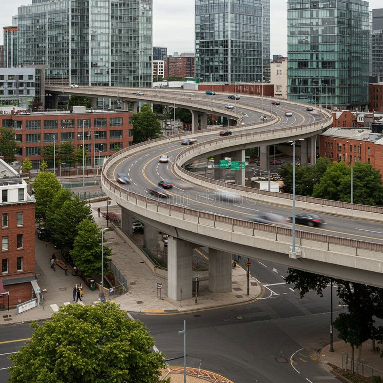 Elevated Highway with a Curved Design in an Urban Setting, Featuring ...