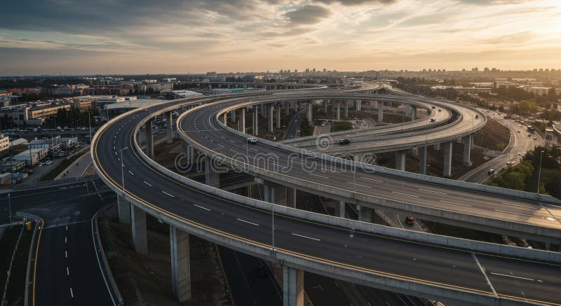 Elevated Highway Interchange at Sunset Aerial View of a Complex Highway Interchange at Sunset ...
