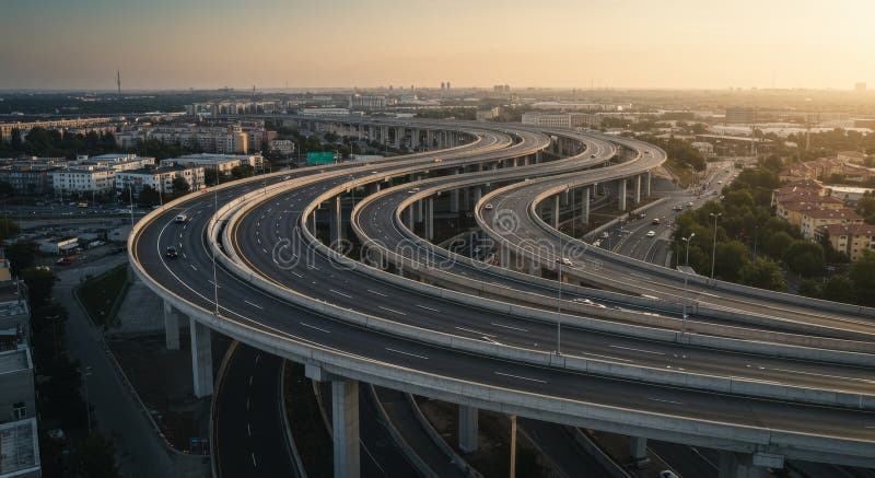 Elevated Highway Interchange at Sunset Aerial View of a Complex Highway ...