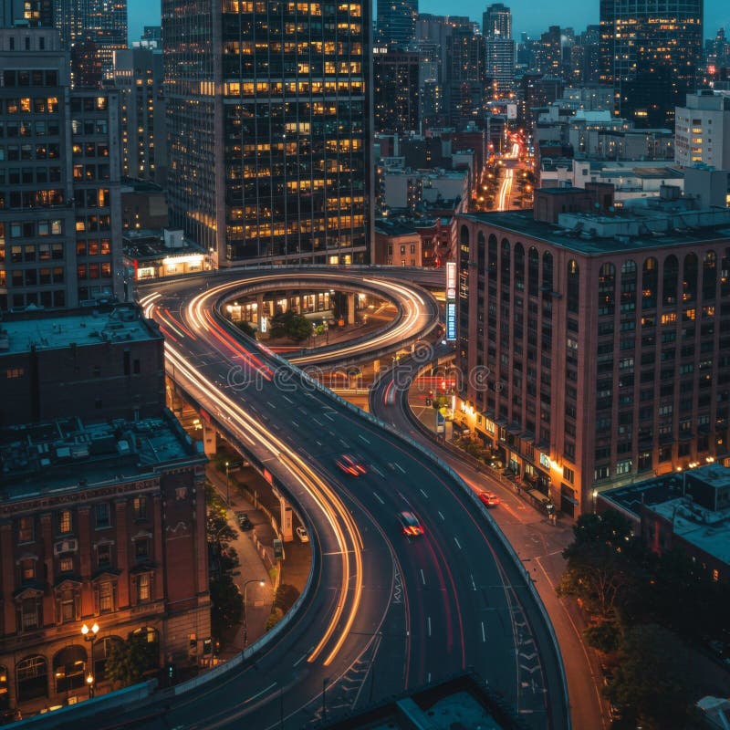 Elevated Highway at Night with City Lights and Buildings Stock ...