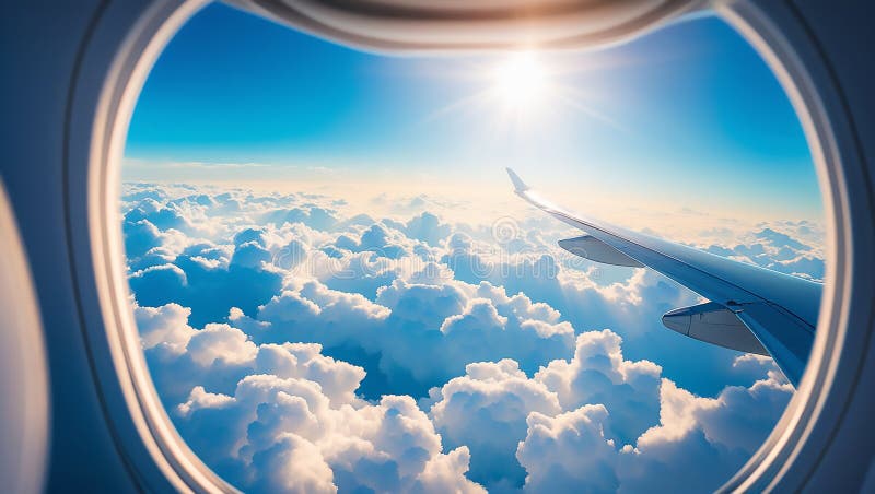 Elevated Horizons: Sunlight and Clouds from an Airplane Window Stock ...