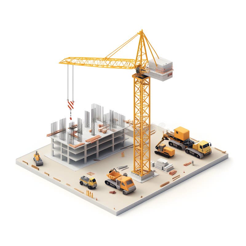 Elevated Isometric View of Construction Site with Crane Stock ...