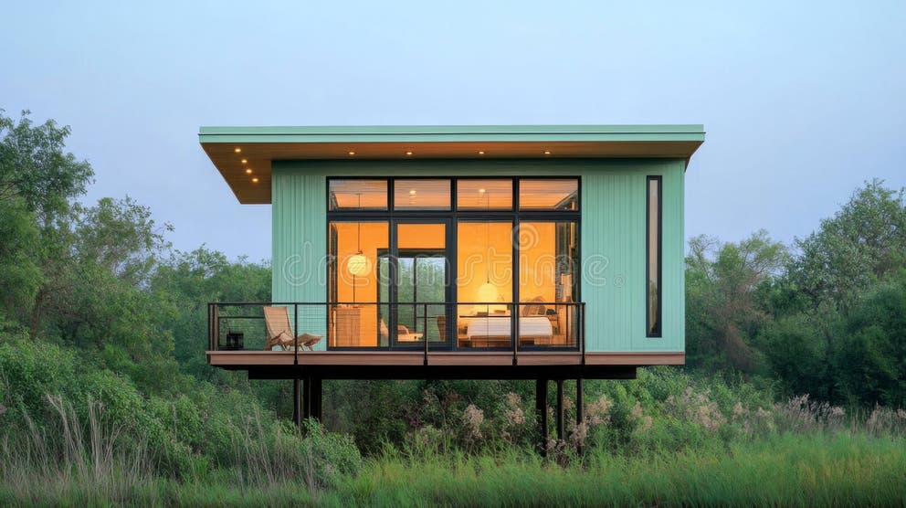 Elevated Modern Green Container Home in Tropical Setting Stock ...