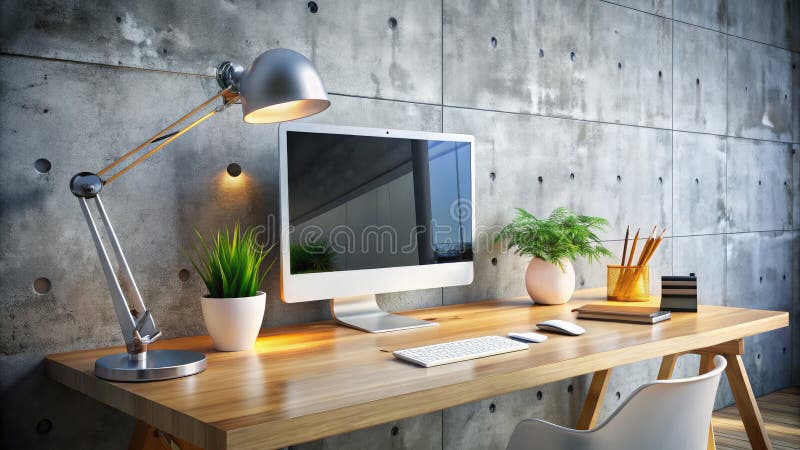 Elevated Modern Workspace a 3D Render of a Minimalist Desk with Empty Screen and Concrete ...