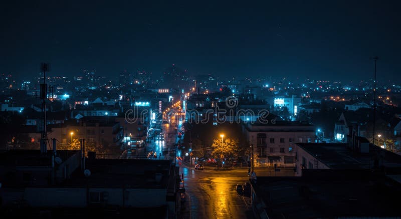 Elevated Night View of City Streets with Glowing Lights Stock ...