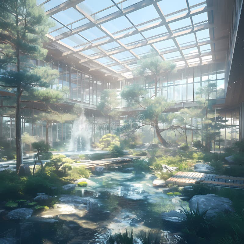Elevated Office Sanctuary: Zen-Inspired Atrium Stock Illustration ...