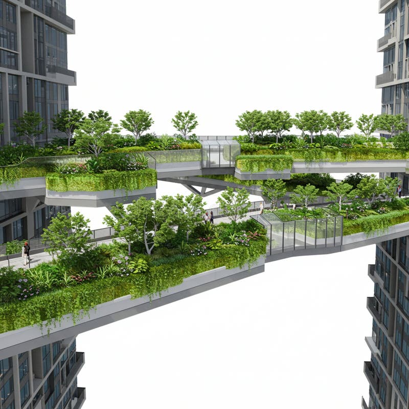 Elevated Pedestrian Bridge Featuring Lush Greenery and Planter Boxes Connects High- Stock ...