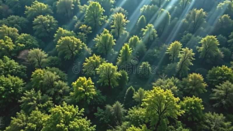 An Elevated Perspective of a Forest with Sunlight Streaking through ...