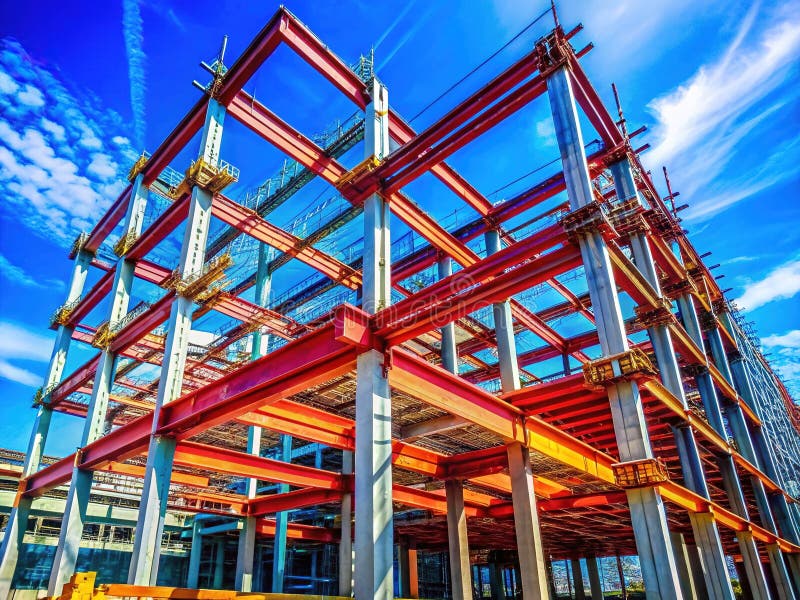 Elevated Perspective of a Modern Construction Site Steel Beams and Blue ...