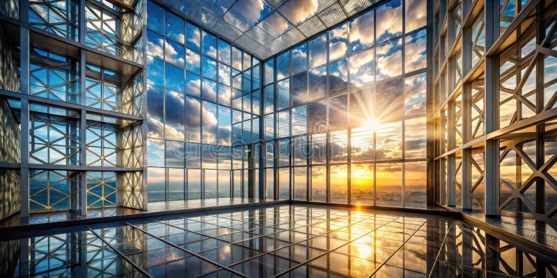 Elevated Perspective of a Modern Glass Structure at Sunset. Generative ...