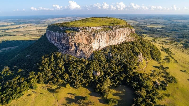 Elevated Plateau with Vertical Cliffs, Covered in Trees and Green Grass ...