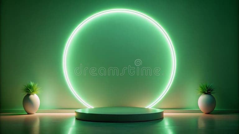 Elevated Platform with Glowing Circular Neon Light and Minimalist Decor ...