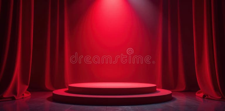 Elevated Platform with Red Spotlight, Velvet Curtain Setting ...