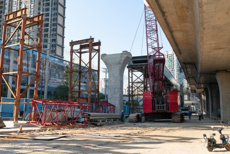 Elevated Road Construction with Building Site Machinery Installing the ...