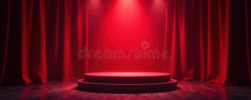Elevated Stage Platform Bathed in Red Spotlight; Dramatic Curtain ...