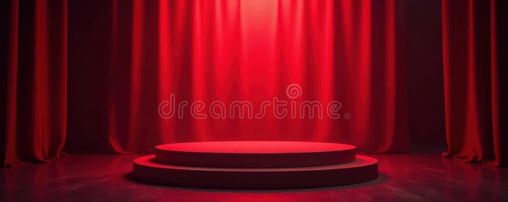 Elevated Stage Platform Bathed in Red Spotlight Dramatic Curtain ...