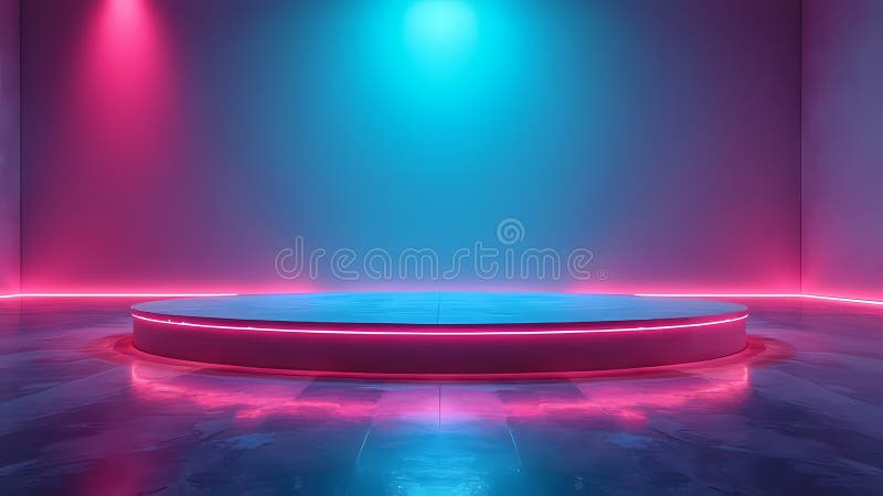 Elevated Stage with Reflective Surface and Neon Accents Stock ...