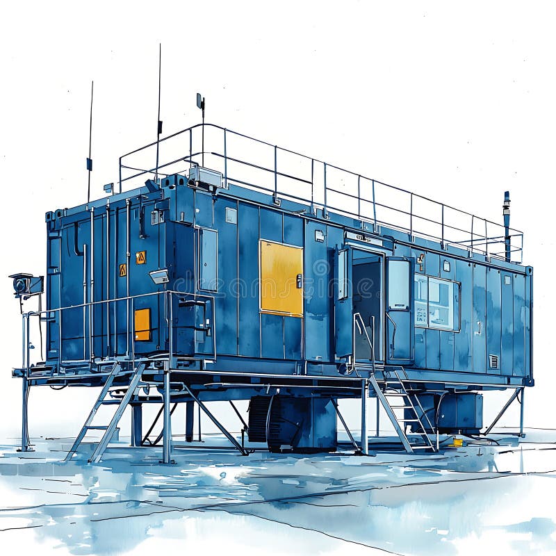 Elevated Steel Container Structure with Access Stairs and Equipment ...
