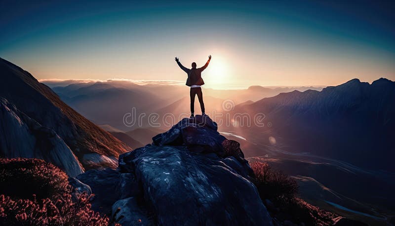 Elevated Success: Human Figure on Mountain Summit with Raised Hands ...