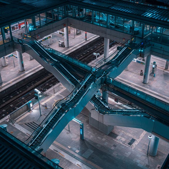 Elevated Train Station with Intersecting Escalators Creating an X Shape ...