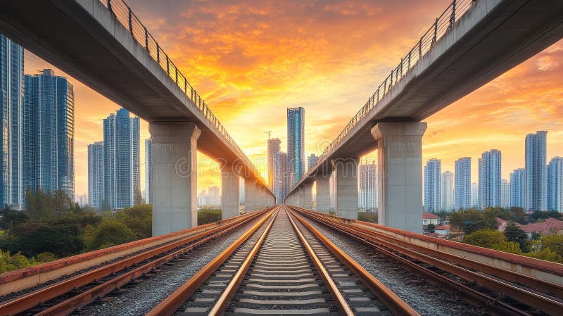 Elevated Train Track Construction is Underway at Sunrise, Highlighting ...