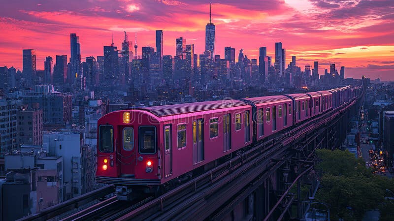 Elevated Train Traversing NYC Skyline at Sunrise Stock Photo - Image of ...
