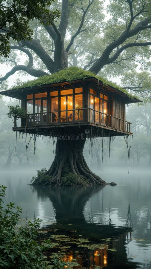 Elevated Treehouse in Misty Forest with Warm Lights and Serene Lake ...
