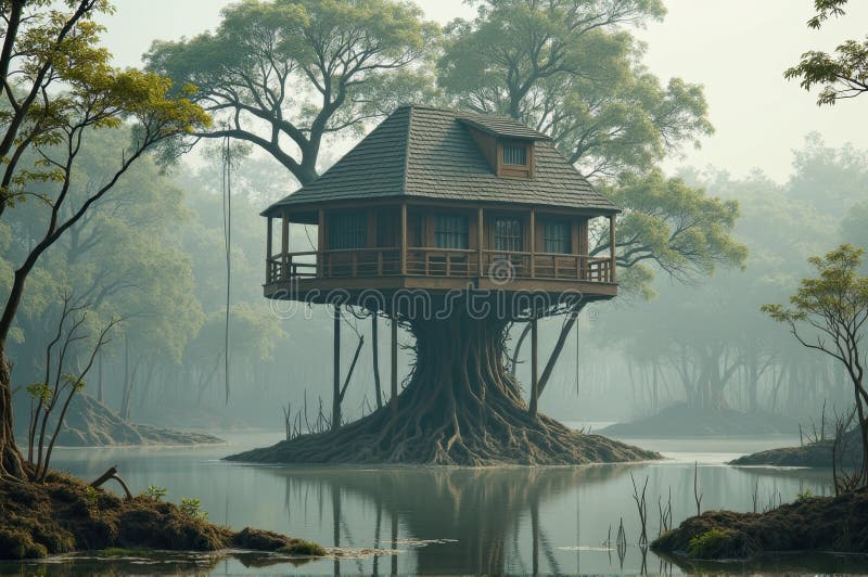 Elevated Treehouse Retreat Amidst Serene Watery Forest Landscape Stock ...
