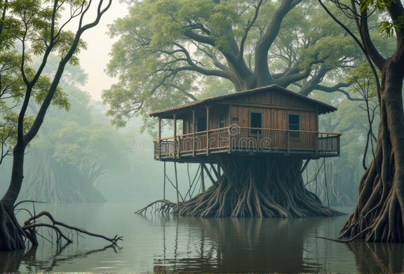 Elevated Treehouse in Tranquil Misty Forest with Water Surrounding ...