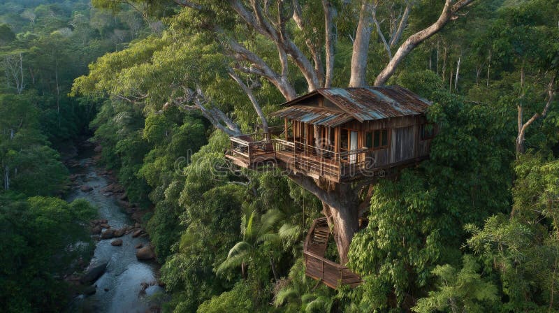 Elevated Treetop Cabin Overlooking Lush Jungle River Stock Illustration ...