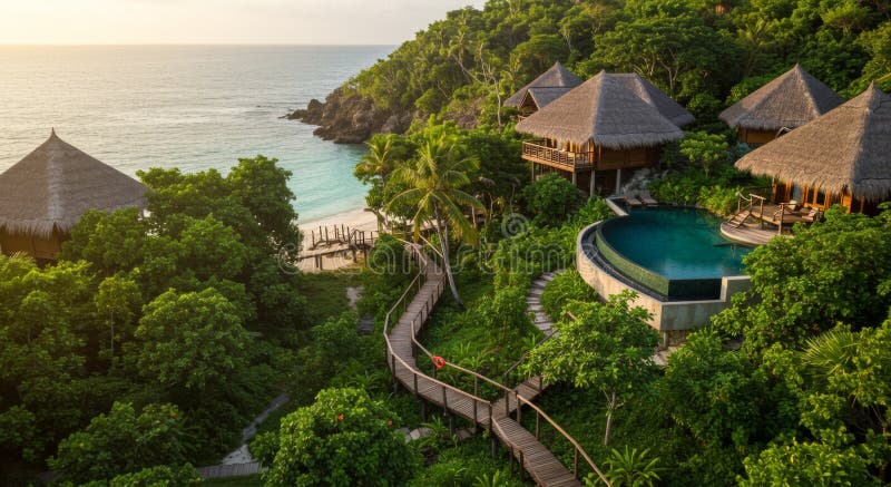 Elevated Tropical Island Resort with Infinity Pool at Sunset Stock ...