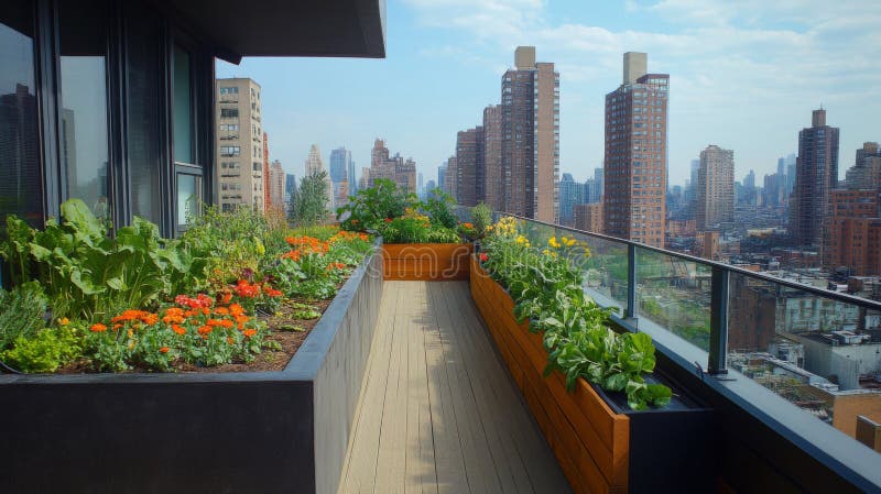 Elevated Urban Garden with City Skyline View Stock Illustration ...