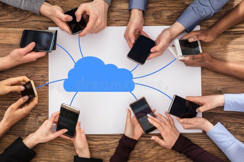 People Connecting Mobile Phones with Cloud Communication Network Stock ...