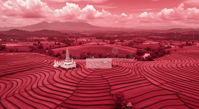 Aerial View of Temple Amidst Red Rice Terraces and Rolling Hills Stock ...