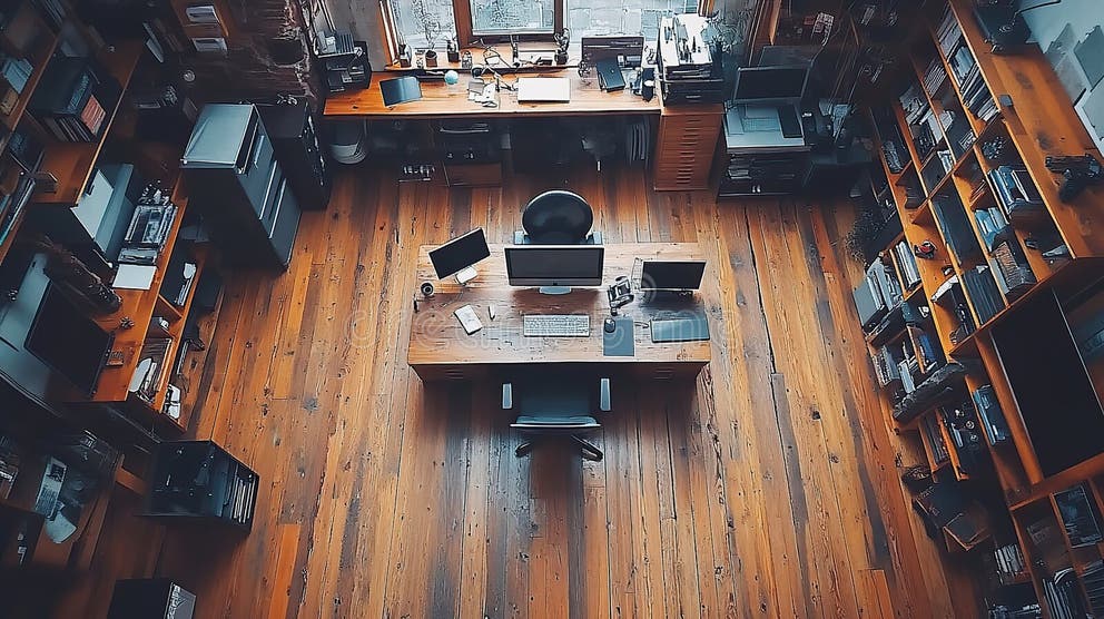Elevated View of a Cluttered Home Office Workspace with Computers and ...