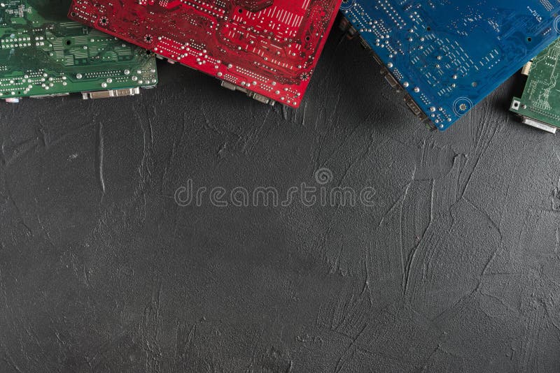 Elevated View Colorful Computer Circuit Boards Black Backdrop. High ...