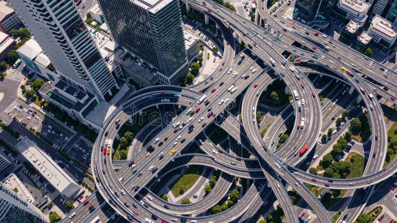 City Interchange Symphony, Cars Flowing through Modern Highway System ...
