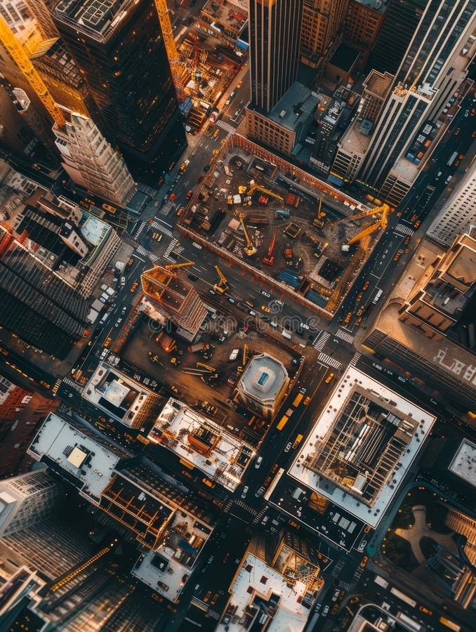 Elevated View of a Construction Site Amidst a Bustling City at Twilight ...