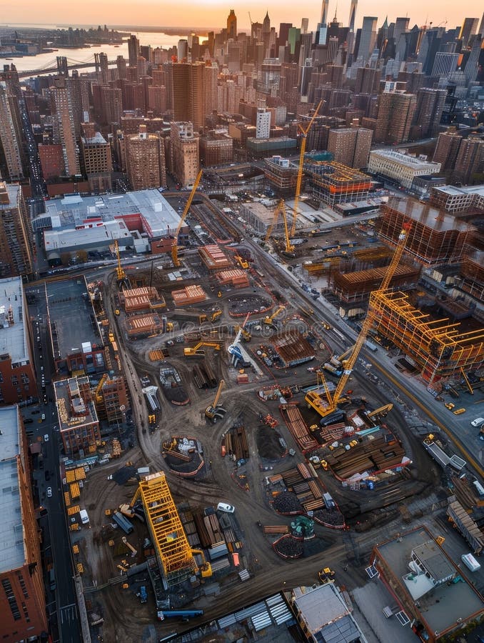 Elevated View of a Construction Site Amidst a Bustling City at Twilight ...