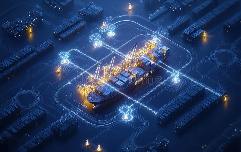Elevated View of a Digital Container Port with Cranes and Cargo Ships ...