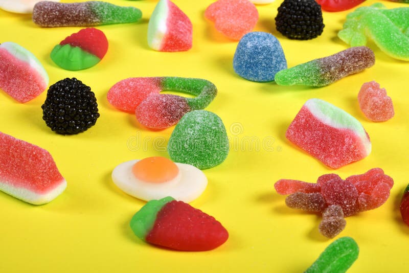 Elevated View of Jelly Candies Collection on Yellow Background Stock ...