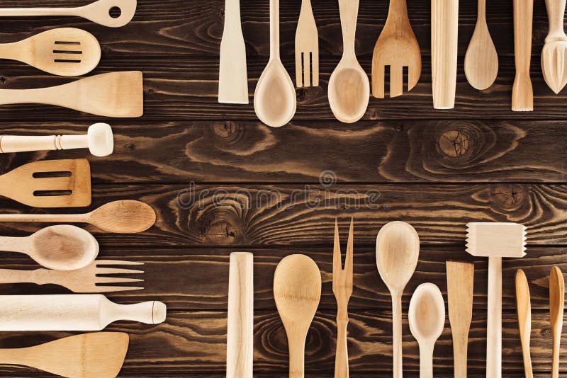 Elevated View of Kitchen Utensils Placed in Three Rows Stock Photo ...