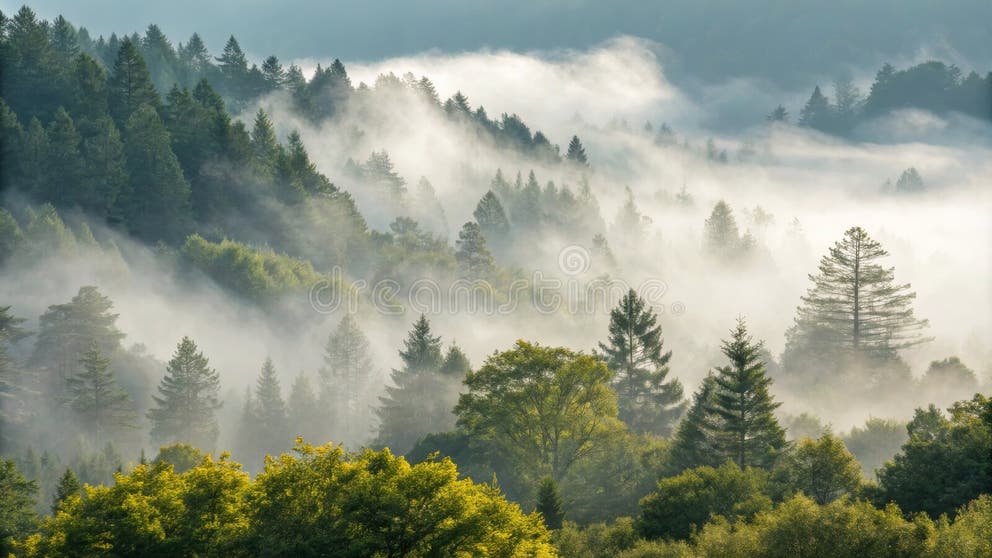 Elevated View Misty Forest, Conifers and Deciduous Trees Stock ...