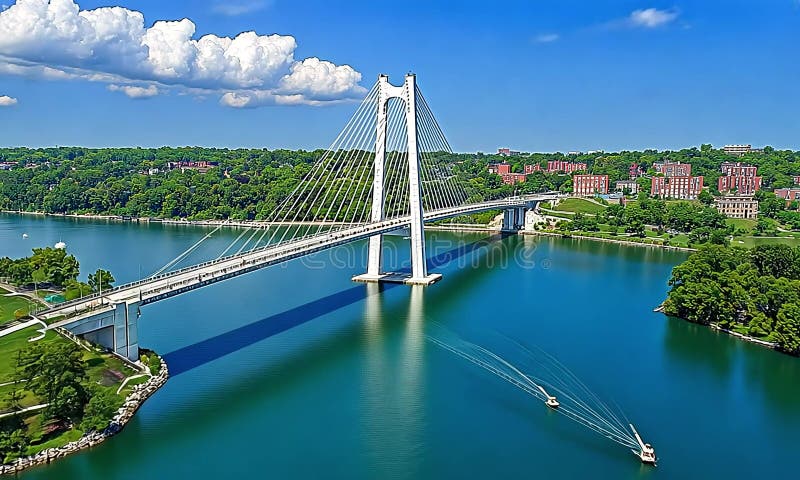 Elevated View of a Modern Cable-stayed Bridge Spanning a Tranquil ...