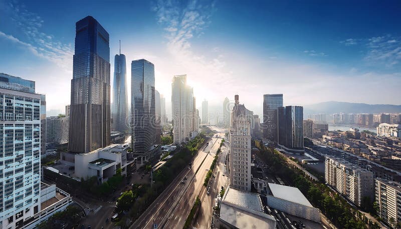 Elevated View of a Modern City with Highways and Skyscrapers Stock ...