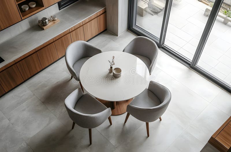 Elevated View of a Modern Dining Area with a Round Table and Chairs ...