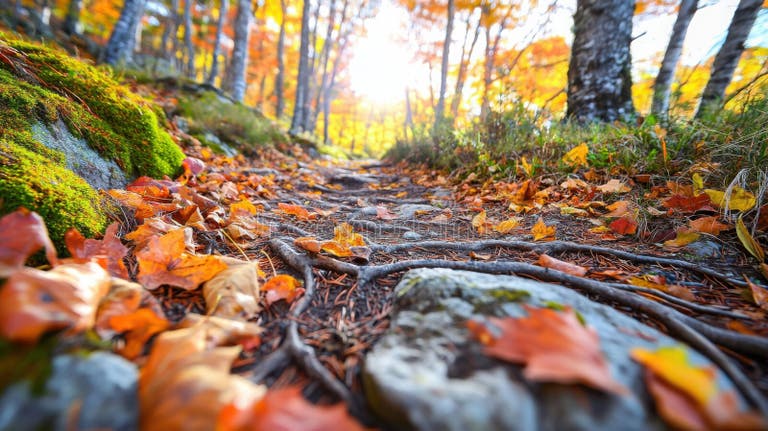 Elevated View of Narrow Forest Path Lined with Vibrant Maple Trees in ...